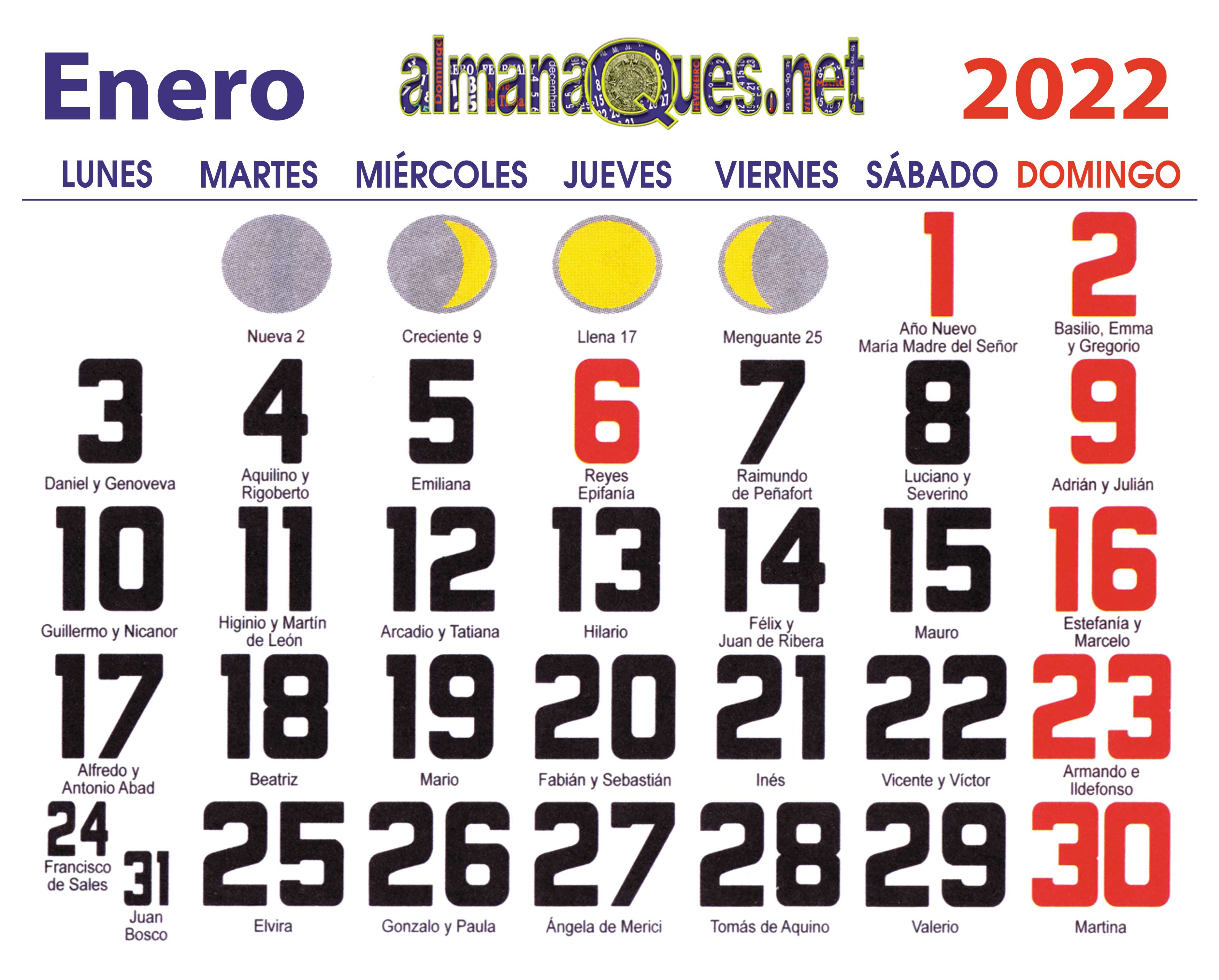 calendario 2022 con santoral y lunas