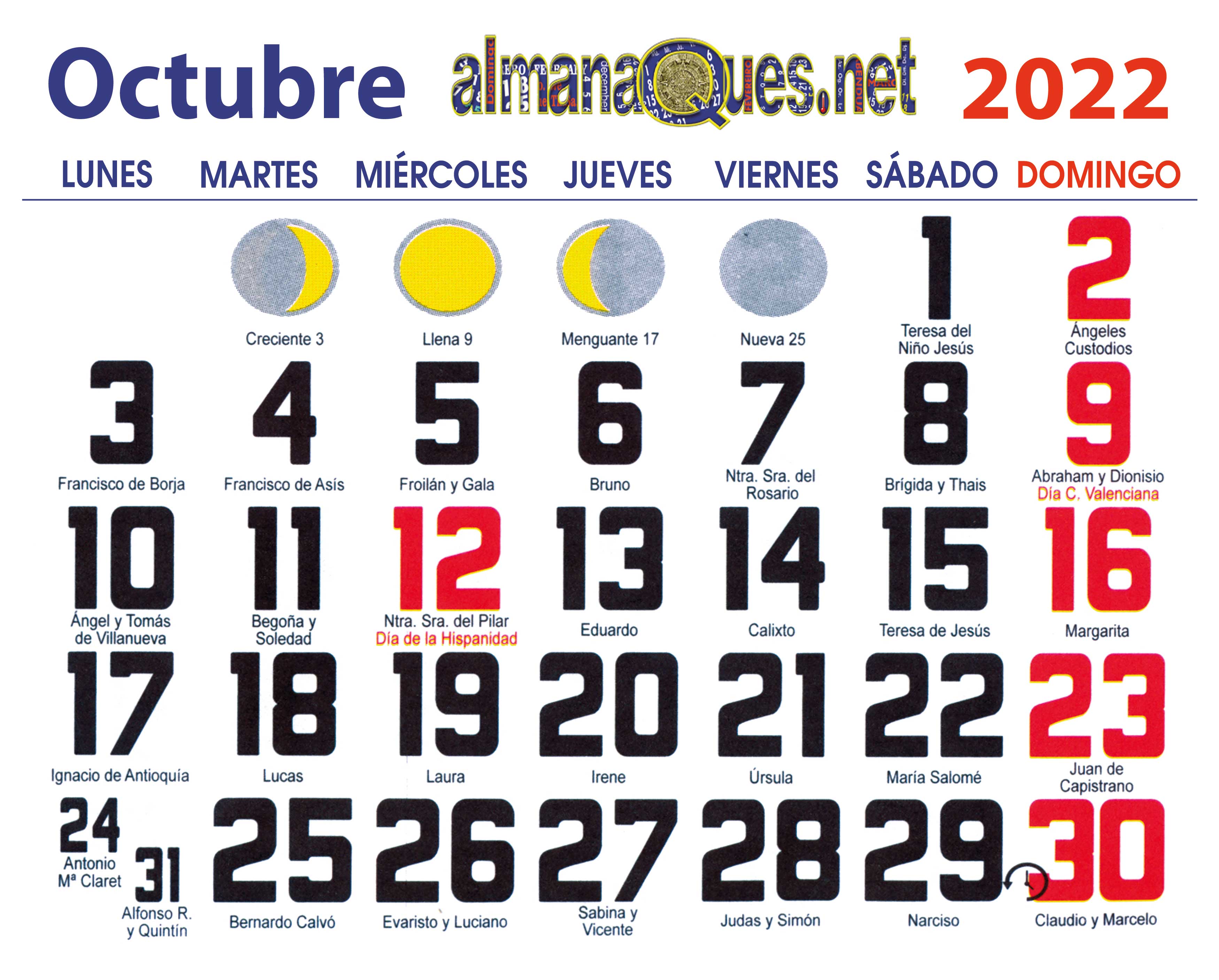 calendario 2022 con santoral y lunas